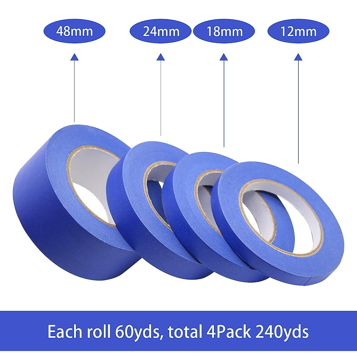 BOMEI PACK 4 Pack Blue Painters Tape, 1/2" 3/4" 1” 2” x 60yds, Multi Size Painting Masking Tape, Clean Release Paper Tape for Home and Office