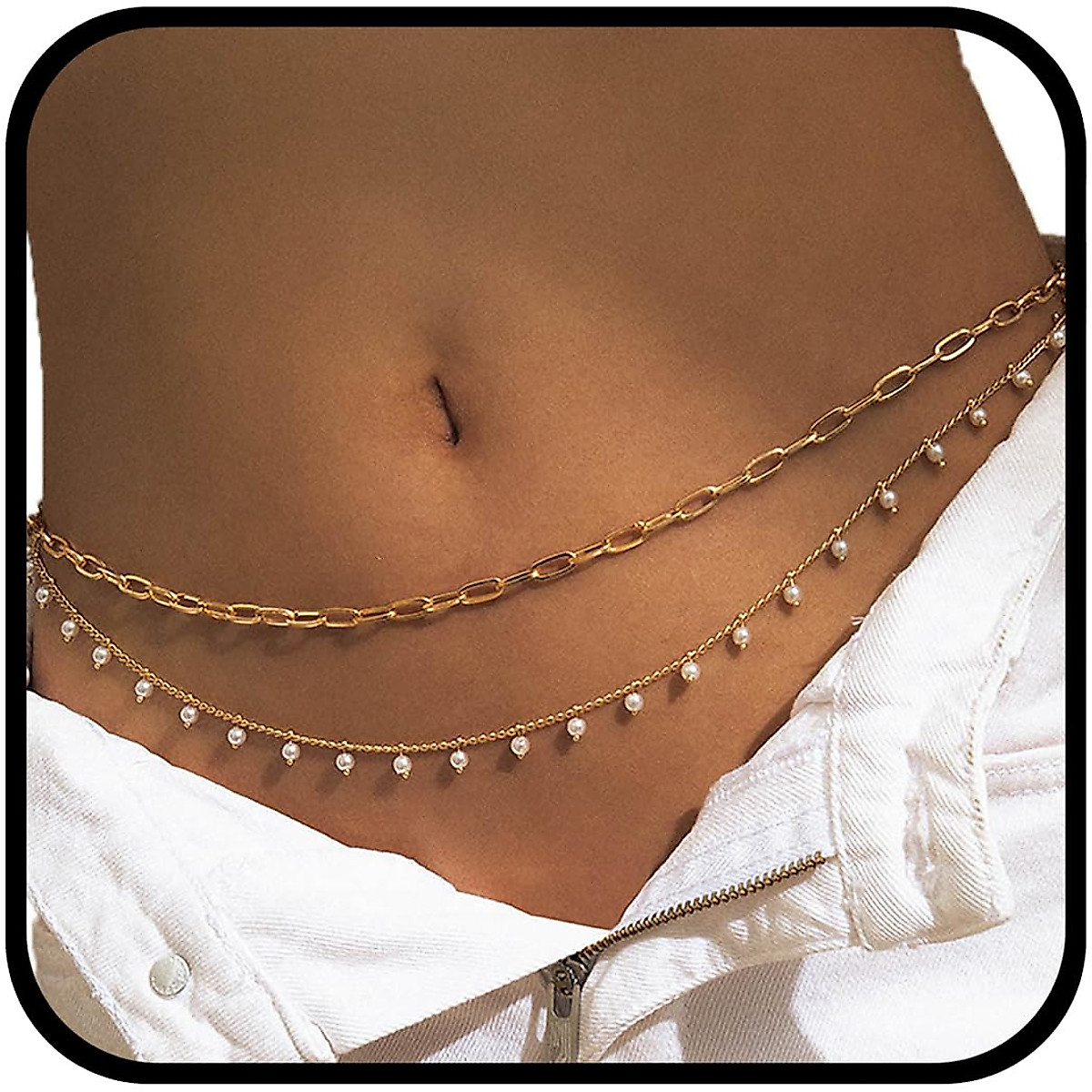 Urieo Boho Beads Waist Chain Bead Gold Belly Chains Layered Adjustable Bikini Beach Body Jewelry Accessories for Women(Pack of 2)