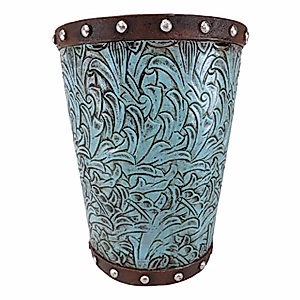 Ebros Gift Rustic Western Sculpted Turquoise Floral Patterns Flower Scroll Art with Faux Tooled Leather Nailhead Borders Bathroom Accessory (Dry Waste Basket Trash Bin)