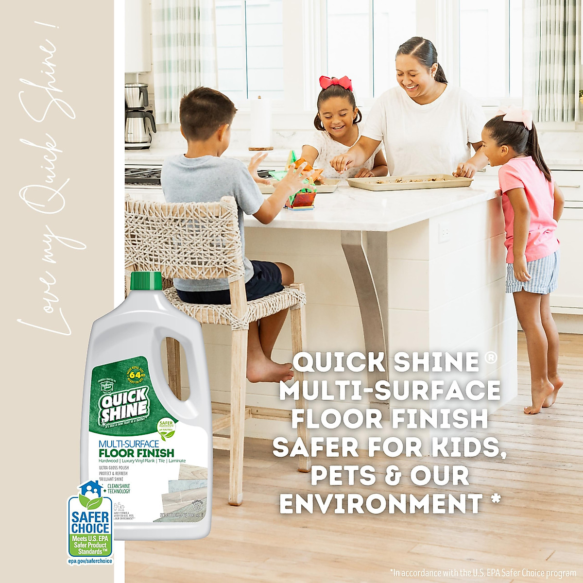 Quick Shine Multi Surface Floor Finish 64oz | Cleaner & Polish to use on Hardwood, Laminate, Luxury Vinyl Plank LVT, Tile & Stone | Safer Choice w/Clean Shine Technology | Protect-Refresh