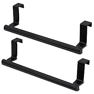 2 Packs Over The Door Towel Rack, TACYKIBD Stainless Steel Towel Holder and Washcloth Rack, 9in Over The Cabinet Hand Dish Towel Bar for Bathroom Kitchen Living Room Bar Holder Cupboard Black