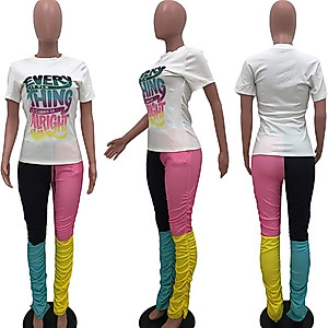 Casual 2 Piece Outfit Sets for Women Color Block Short Sleeve T-Shirts + Stacked Flare Pants Tracksuit Sweatsuit A-Black