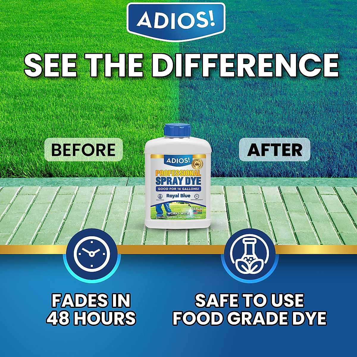 Adios! Professional Blue Spray Dye Marker, (16oz), Indicator for Grass and Lawn Care, Safe for Mixing