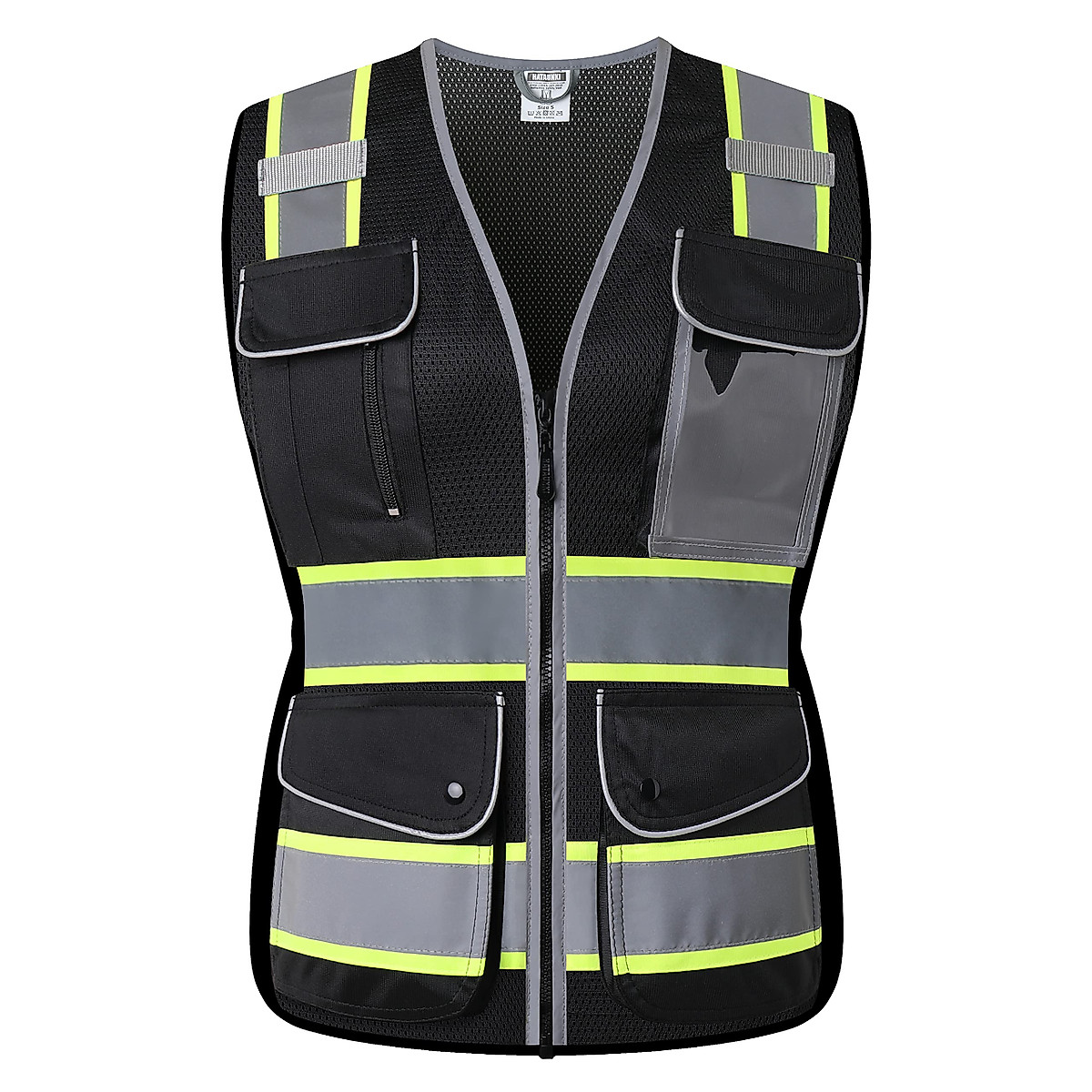 HATAUNKI High Visibility Reflection Black Mesh Safety Vests with 9 Pockets and Front Zipper, hi vis safety vest for Women, Meets ANSI/ISEA Standards(Black-16,X-Large)