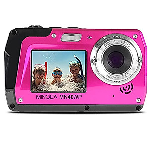 Minolta MN40WP-PK 48 MP Dual Screen 2.7K Ultra HD Waterproof Digital Camera, Pink Bundle with Lexar 64GB Memory Card. Camera Case, Floating Bobber Handle and Microfiber Cleaning Cloth