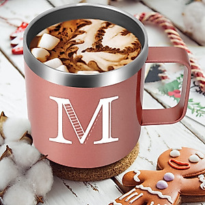 LiqCool Initial Mug, Monogrammed Gifts for Women Men, Letter-M, K, A, S Initial Monogram Engraved Coffee Mug Tumbler, Monogram Mug Personalized Gifts for Women Men, 12 Oz Travel Coffee Mug(Rose Gold)