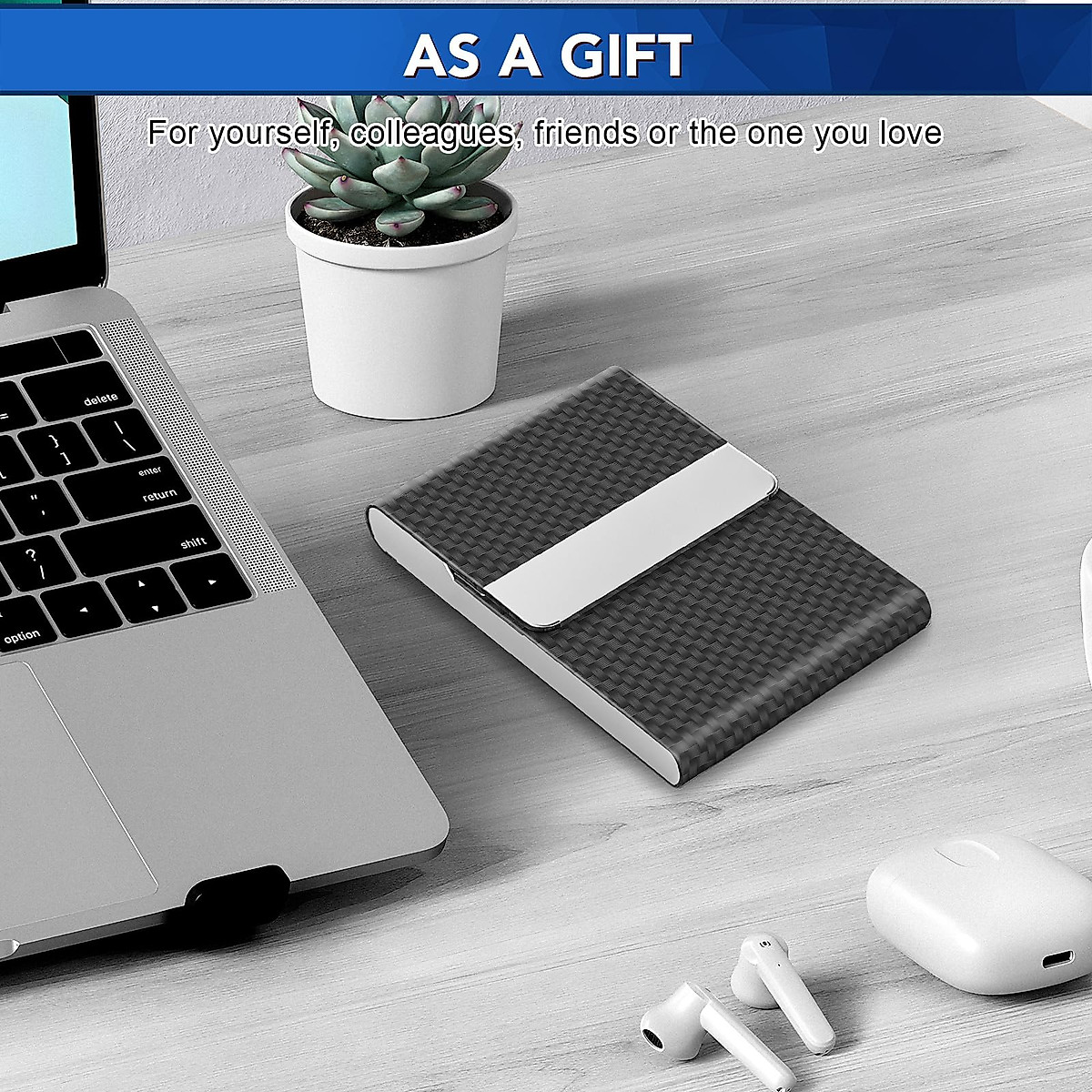 Business Card Holder, Metal Business Card Case Pocket, Card Holder for Women & Men, Professional PU Leather Business Card Holders RFID Blocking Name Card Holder Case with Magnetic Clasp, Black Carbon