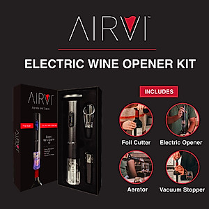 AirVi Electric Wine Opener Kit: Ultimate Wine Companion with Wine Opener, Wine Stopper, Wine Aerator, and Foil Cutter, Enhance Flavor and Maintain Freshness, Ideal Kitchen Gadgets, Four Pieces