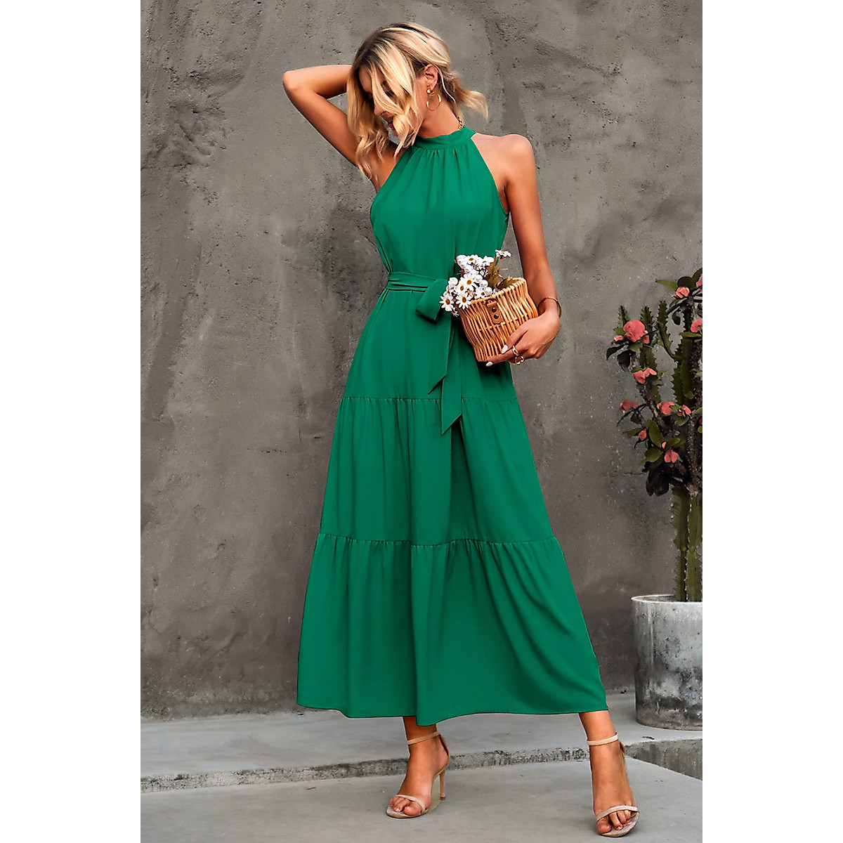 PRETTYGARDEN Women's Summer Maxi Sun Dress Sleeveless Halter Neck Flowy Ruffle Hem Long Boho Dresses with Belt (Solid Green,Medium)