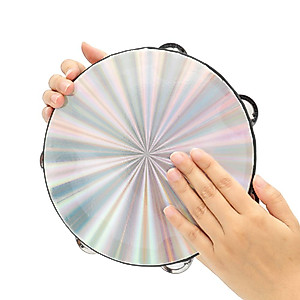 Tambourine 8 inch Radiant Hand Held Drum with Double Row Jingles Reflective Drum Musical Instrument for Church Adults KTV Party