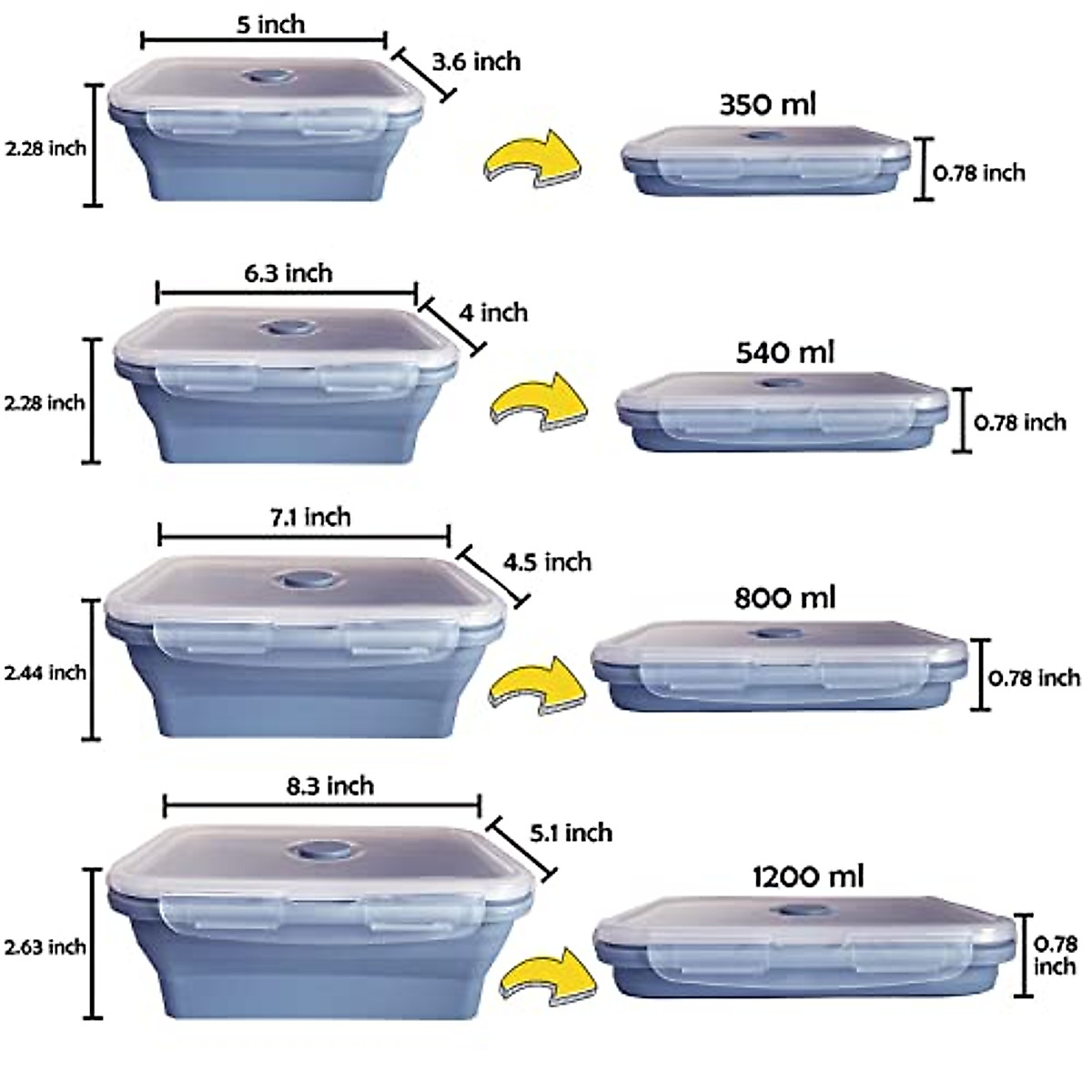 RMAMSCOV Silicone Collapsible Food Storage Containers with Airtight Lid, Set of 4 Silicone Lunch Containers, Prep/Storage Bowls Microwave and Freezer and Dishwasher Safe (Grey)