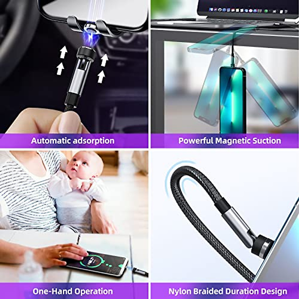 360°&180° Rotation Magnetic Charging Cable, 5 in 1 Magnetic Phone Charger Cable 3-Pack [3ft/6ft/10ft] Fast Charging Cable Support Data Transfer Nylon-Braided Cord for iPhone/Micro USB/Type C -Black