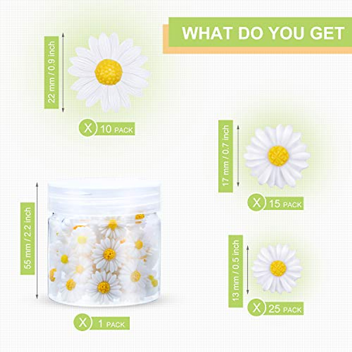 Hicarer 50 Pieces Flatback Resin Daisy Flowers Daisy Flower Epoxy Charms Mini Decorated Daisies Artificial with Storage Box for DIY Craft Cloth Pen Box Home Decoration, 3 Sizes (White and Yellow)