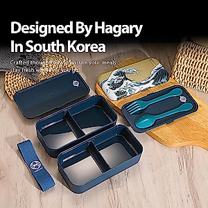 Hagary Wave Bento Box 2 Tier Japanese Lunch Box with Spoon and Fork Stackable Leak-Proof with Movable Partition Lunch Containers Scratch Proof 800ml