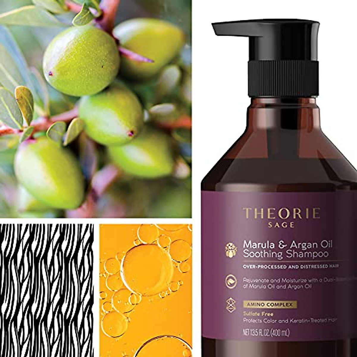 Theorie Marula and Argan Oil Soothing Shampoo - Rejuvenate & Moisturize - Suited for Over & Distressed Hair - Sulfate Free - Protects Color and Keratin Treated Hair, Pump Bottle - 400mL