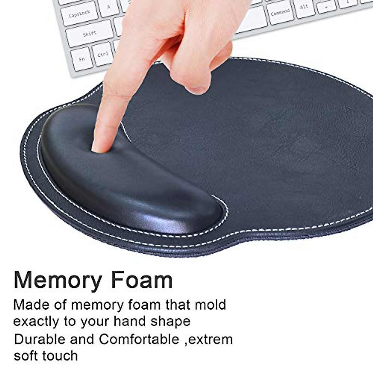 Ergonomic Mouse Pad with Wrist Support,PU Leather Mousepad for Laptop Computers Mac,Non Slip Rubber Base Memory Foam Wrist Rest Mouse Pads for Men Women,Home Work Office Gaming,Pain Relief ,Black
