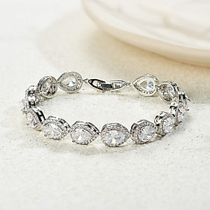 SWEETV Teardrop Wedding Bridal Bracelets for Brides, Crystal Rhinestone Cubic Zirconia Tennis Bracelets for Women Prom, Bridal Jewelry, Silver