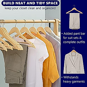 Amber Home Solid Wood Suit Coat Hangers 30 Pack, Smooth Natural Finish Wooden Dress Hangers with Non Slip Pant Bar, Clothes Hangers with 360 Swivel Hook & Notches for Jacket, Pant, Shirt (Natural, 30)