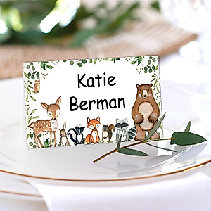 Whaline 100Pcs Woodland Animal Place Cards 2 x 3.5 Inch Watercolor Jungle Creature Tent Name Cards Safari Seat Assignment Labels for Birthday Baby Shower Party Table Setting Supplies