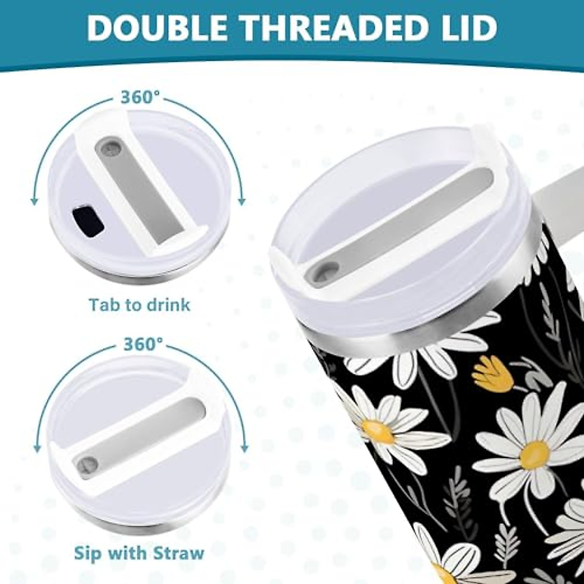 Jihqo Black Daisy 40 oz Stainless Steel Vacuum Insulated Tumbler with Handle and Straw Lid, Leakproof Water Bottle Double Wall Travel Mug Coffee Cup, Cupholder Friendly