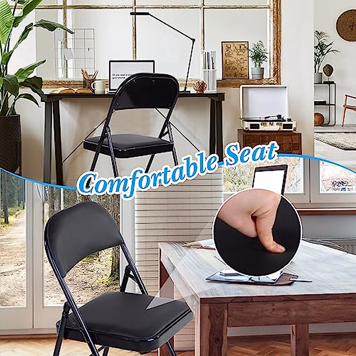 7 Pack Black Metal Folding Chair with Large Padded Seats Foldable Comfortable Event Chair with Steel Frame Metal Stackable Chairs for Outdoor Events Office Wedding Party, 330lbs Capacity