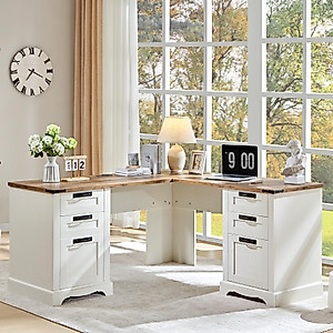 RedLemon 60" Farmhouse L Shaped Executive Desk with Drawers, Wood Home Office Corner Desk with Charging Station, File Drawer, Storage Cabinet, Rustic Computer Writing Desk (Antique White)