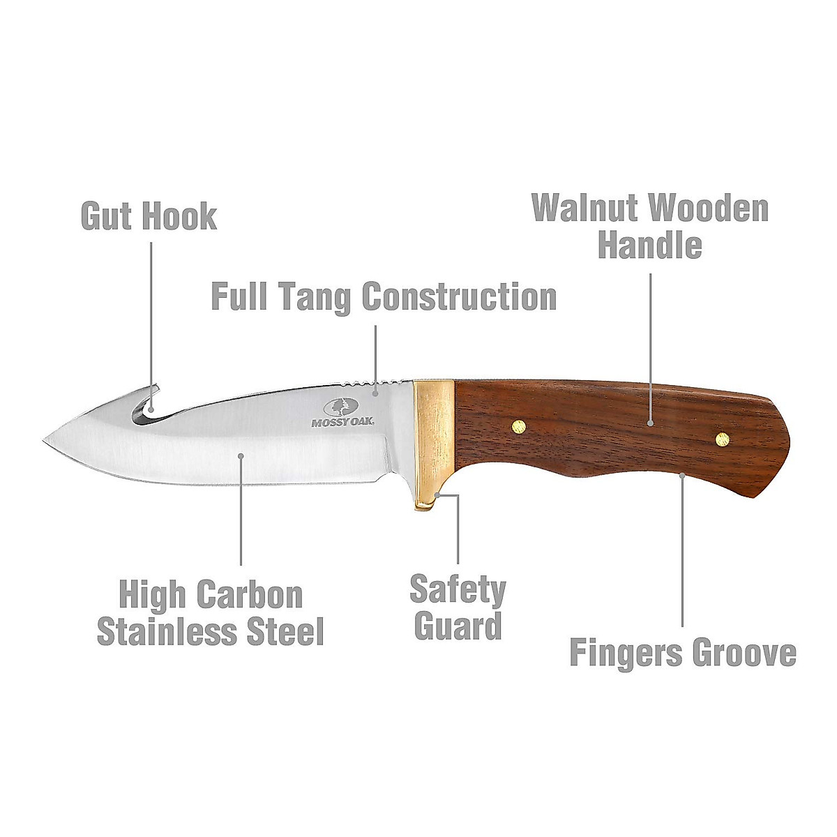 Mossy Oak Fixed Blade Gut Hook Knife, 9.5-inch Full Tang Field Processing Knife - Wooden Handle, Leather Sheath Included, for Skinning, Hunting, Outdoors