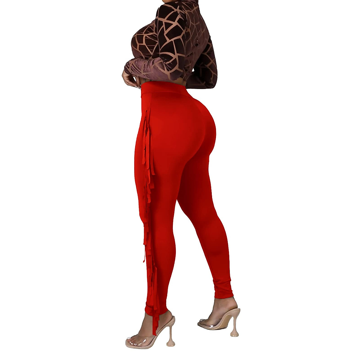 Women's Fringe Pants Casual High Waist Solid Bodycon Side Tassel Pants Yoga Pants Sweatpants Bandage Pants Red Large