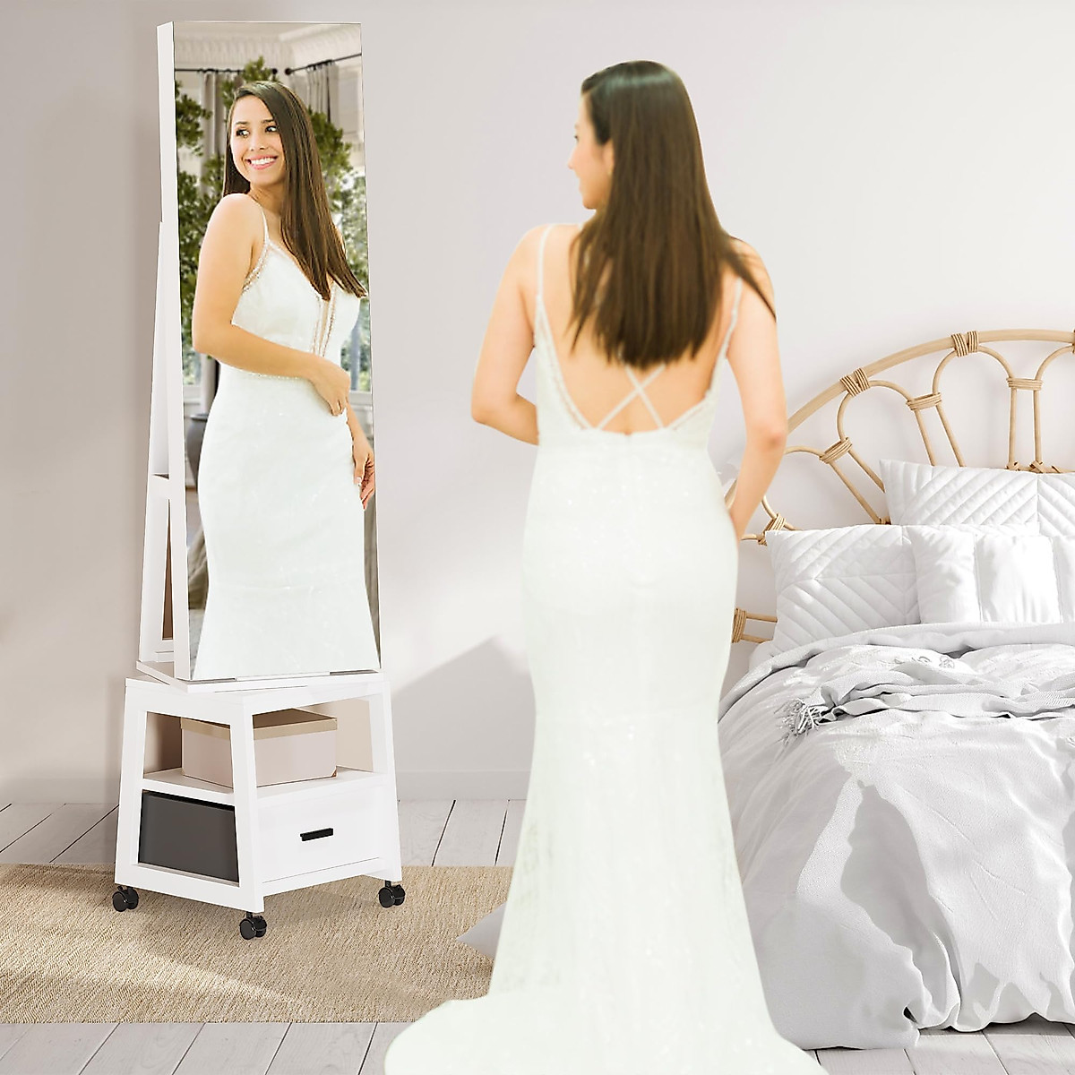 Alkmaar 360° Swivel Jewelry Armoire, Floor Standing Locking with Full Length Mirror,Bottom Drawer, Shelf, Wheels,White Cabinet with Large Storage Capacity (White push-pull)
