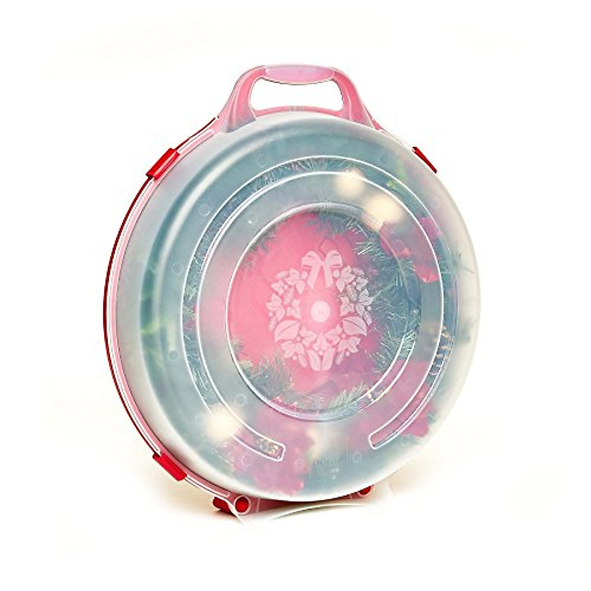 HOMZ Set of 3 Holiday Wreath Plastic Storage Containers, Holds Up to 24” Diameter, Secure Latching Lid and Easy Grip Handle, Stackable and Nestable, Red/Clear