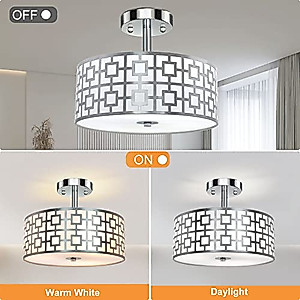 DLLT Semi Flush Mount Ceiling Light, 3-Light Modern Entry Light Fixture Ceiling Hanging with Drum Shade for Bedroom, Dining Room, Kitchen, Hallway, Entry, Living Room, Brushed Chrome Finish