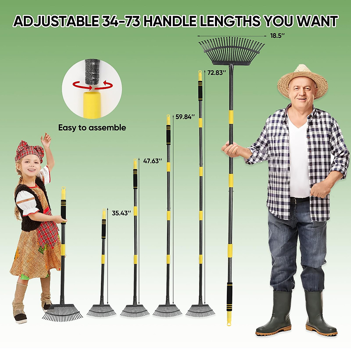 Coopvivi Garden Leaf Rakes, 6FT Rakes for Lawns Heavy Duty 25 Metal Tines 18.5 inch Wide, Adjustable Long Steel Handle, Rakes for Leaves, Gathering Shrub, Leveling Grass, Flower Beds, Yards