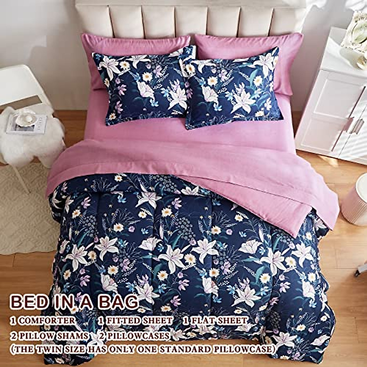 Joyreap 7 Piece Bed in a Bag Full/Queen, Lilies on Navy Floral Design, Microfiber Bedding Comforter Set with Sheets- 1 Comforter, 2 Pillow Shams, 1 Flat Sheet, 1 Fitted Sheet, 2 Pillowcases