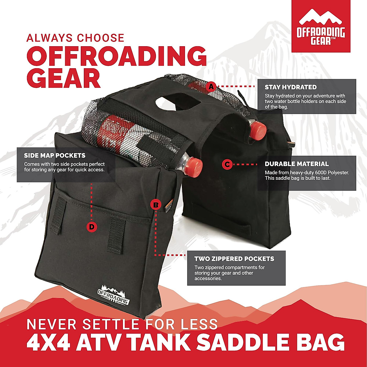 Offroading Gear 4x4 Waterproof Rear and Front Tank-Top Saddle Bag| With Two Compartments| Great for ATV| UTV| Snow Mobile| Quad Bike| Motorcycle| Etc. | Black