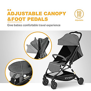 Uenjoy Baby Stroller One-Click Foldable Lightweight Stroller, with Lockable Universal Wheels, Five-Point Safety Belt, Adjustable Awning, Variable Seat and Recliner,Gray