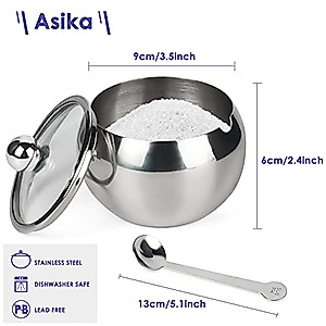 ASIKA Sugar Bowl, Stainless Steel Sugar Pot with Clear Lid and Spoon, Drum Shape Small Condiment Container for Home and Kitchen, 8.1 Ounces(240 Milliliter)