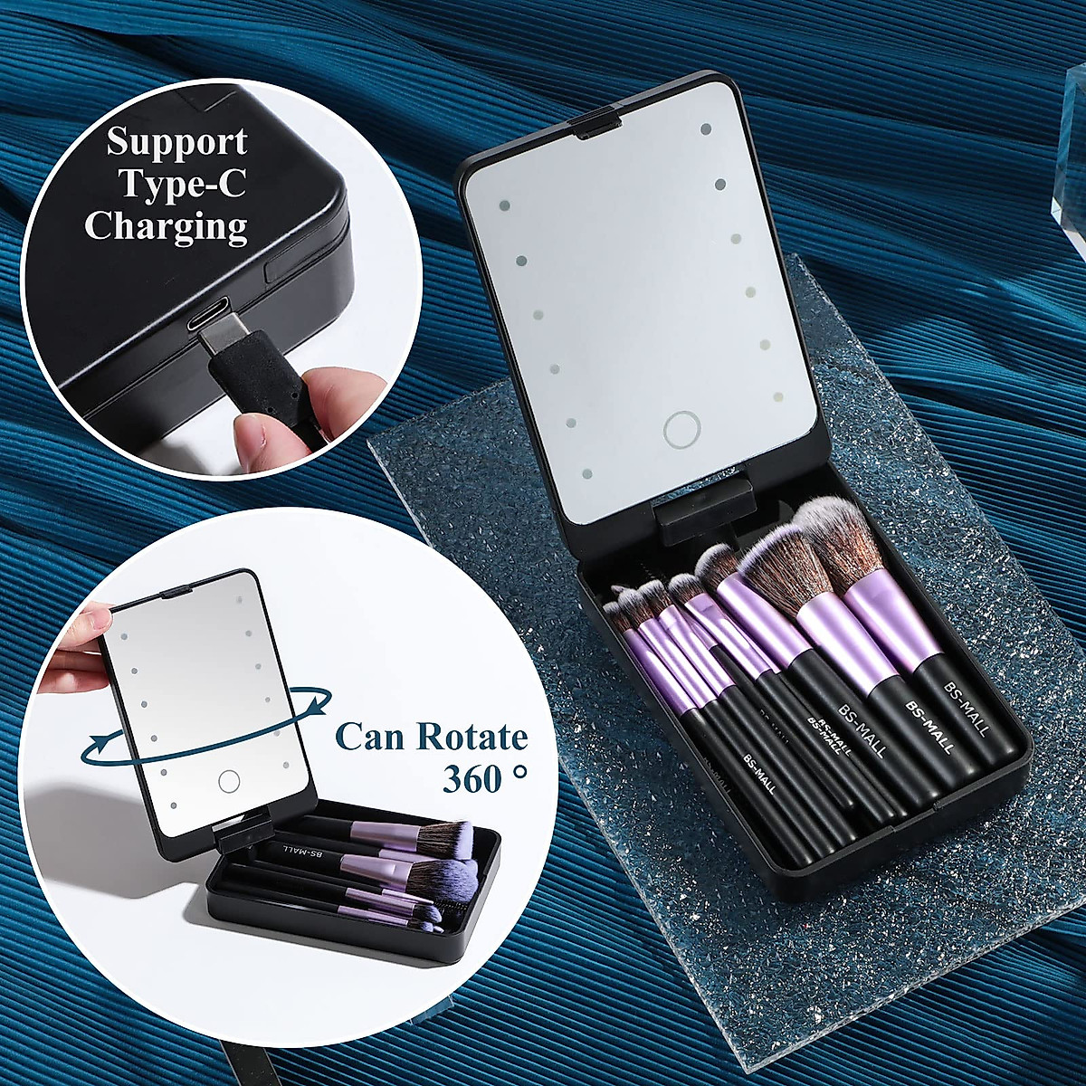BS-MALL Travel Makeup Brush Set Foundation Powder Concealers Eye Shadows Makeup Set with LED light Mirror 14 Pcs (Purple)