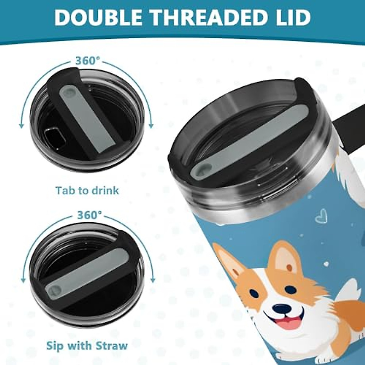 FRCSDIY Cartoon Dog Insulated Tumbler with Handle and Straw Lid,40oz Leakproof Stainless Steel Cup BPA-Free Water Bottle