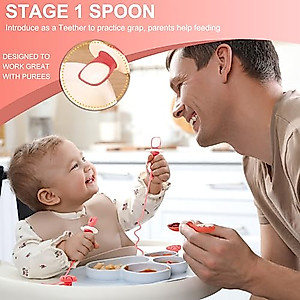 3 Pack Baby Fork and Spoon Set Suction Baby Self Feeding Utensils 6-12 Months Anti-Dropping Training Spoons For Baby Led Weaning, Silicone Toddler Utensils Feeding Supplies First + Second Stage, Red