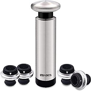 Wine Stoppers EZBASICS Wine Saver Pump with Wine Bottle Stoppers, Stainless Steel Pump + 4 Wine Stoppers¡­