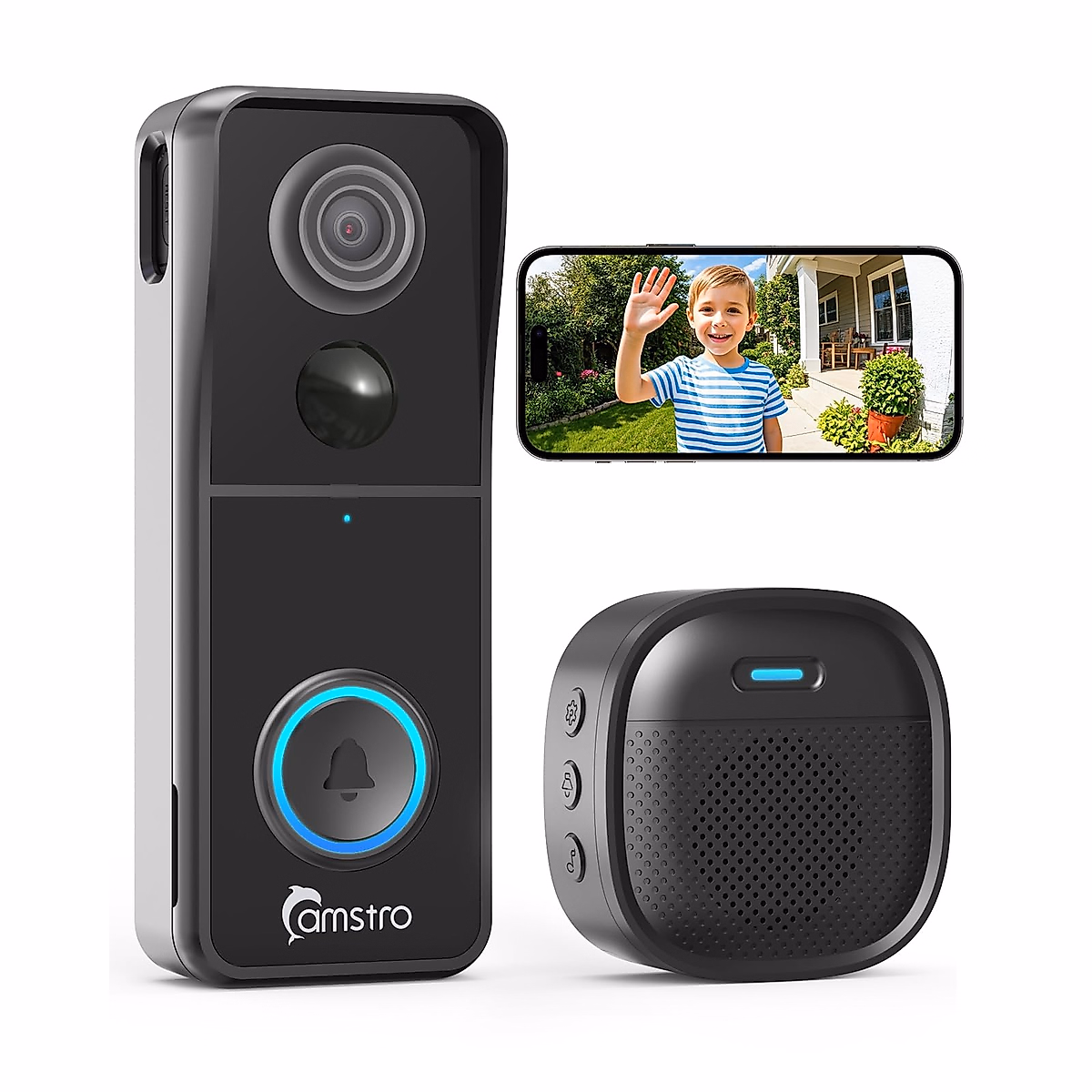 CAMSTRO Doorbell Camera Wireless - 3K Video Doorbell with Chime, 2.4G WiFi Outdoor Security Cemera,Smart Human Detection, 2-Way Audio,Voice Changer,Night Vision,Works with Alexa and Google Assistant