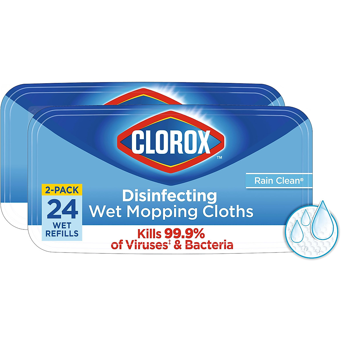 Clorox Disinfecting Wet Mopping Cloths, Disposable Mop Heads, Multi-Surface Floor Mop, Rain Clean Scent, 24 Wet Refills (Pack of 2)