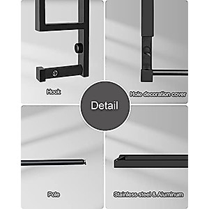 LIVEHITOP 2PCS Towel Rail, Wall Mounted Hand Towel Rack Bar with Rod Hook Aluminum Stainless Steel Matte Black 16.9 Inch for Bathroom Kitchen (Drilling/NO Drilling)