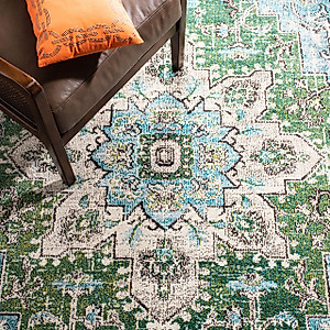 SAFAVIEH Madison Collection Area Rug - 8' x 10', Green & Turquoise, Boho Chic Medallion Distressed Design, Non-Shedding & Easy Care, Ideal for High Traffic Areas in Living Room, Bedroom (MAD473Y)