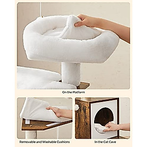 Feandrea WoodyWonders Cat Tree with Litter Box Enclosure, 2-in-1 Modern Tower, Furniture Hidden, Cat Condo with Scratching Posts, Removable Pompom Sticks, Rustic Brown UPCT113X01