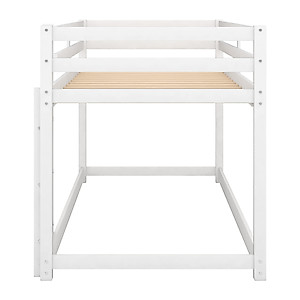 Harper & Bright Designs Low Twin Over Twin Kids Bunk Beds, Solid Wood Floor Bunk Bed Frame with Ladder, Toddler Bunk Bed with Slat, Safety Guardrail for Kids Boys Girls Teen (White)