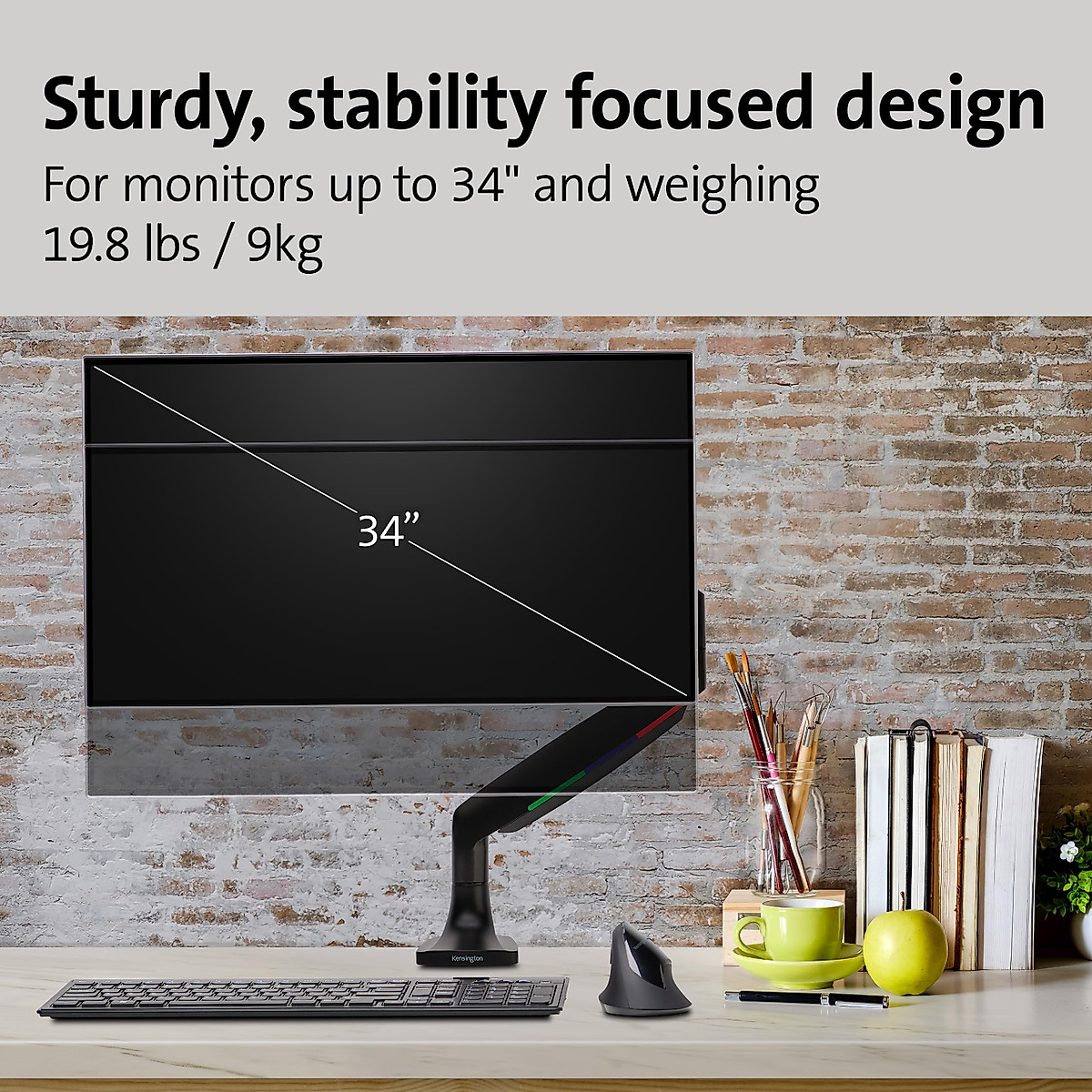 Kensington Single Monitor Arm with Vesa Mount, Adjustable Gas Spring Desk Monitor Arm, SmartFit® One-Touch Heavy Duty Monitor Stand for Ultrawide Monitors Up to 34 Inches, 19.8lbs - Black (K59600WW)
