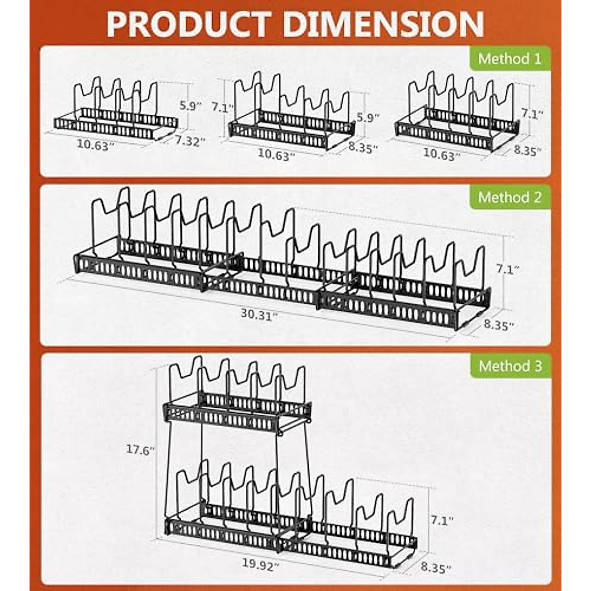 MonaSixy Pots and Pans Organizer Under Cabinet,Expandable Pan Organizers Inside Cabinet, 3 Methods 14 Adjustable Divider, 3-Pack Pot Lid Rack Holder Kitchen Storage for Cookware, Baking Sheet