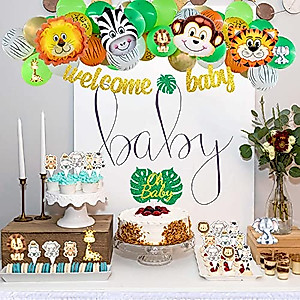 143 PCs Safari Baby Shower Decorations for Boy, Fiesec Jungle Themed Décor Oh Baby Backdrop Balloon Garland Arch Artificial Leaves Box Cutout Glitter Banner Cake Cupcake Topper Zebra Tiger Lion Green