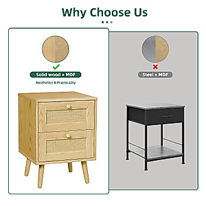 infurnic Rattan Nightstand, End Table, Nightstands Set of 2, Side Table with 2 Hand Made Rattan Decorated Drawers, Wood Night Stand Beside Table with Storage for Bedroom, Natural, 2 Pack